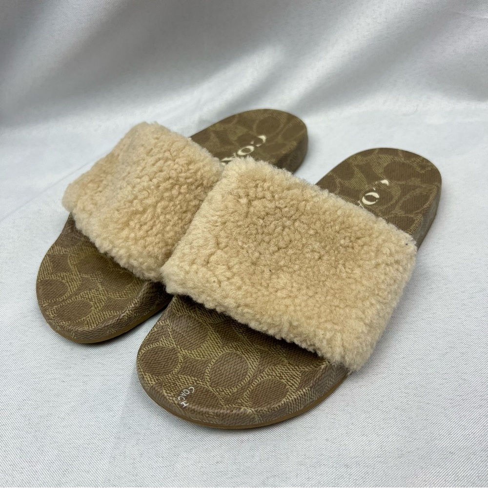 Coach Ulla Shearling Slides Sandals Open Toe Beige Ta… - Gem